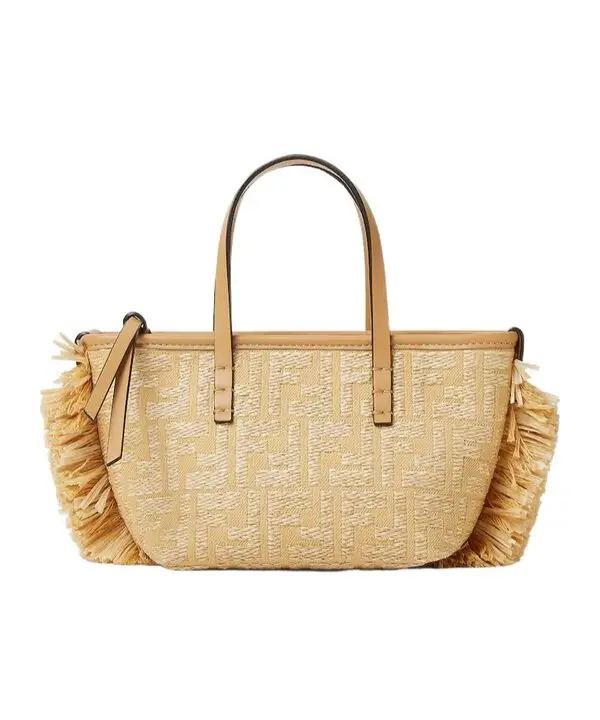 Fendi Mini Roll Ff Jacquard Fringed Tote Bag - Light Brown
