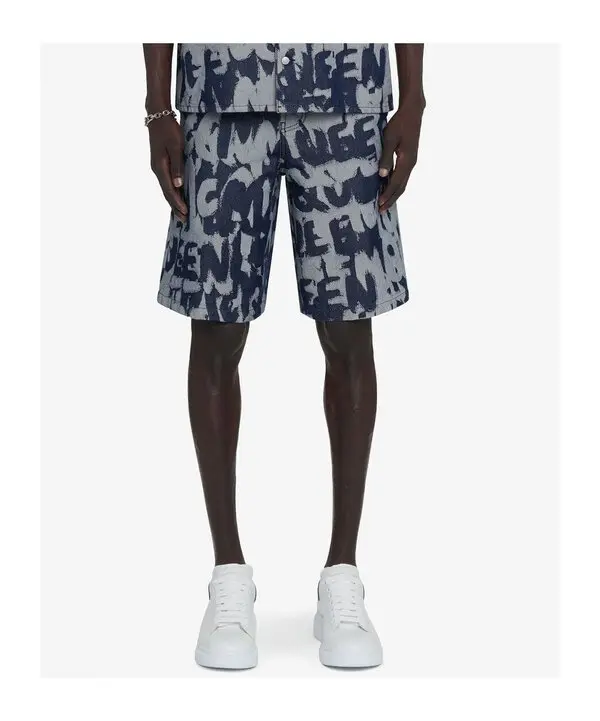 Alexander McQueen Graffiti Printed Bermuda Denim Shorts