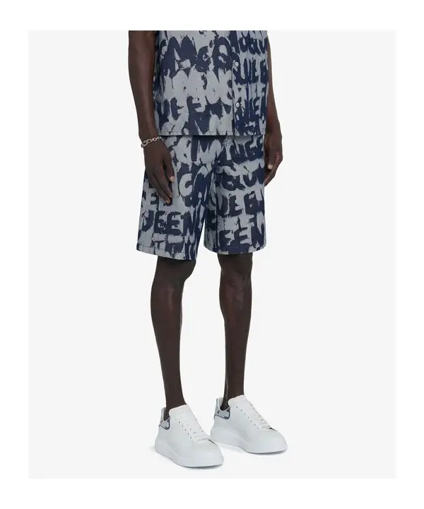 Alexander McQueen Graffiti Printed Bermuda Denim Shorts