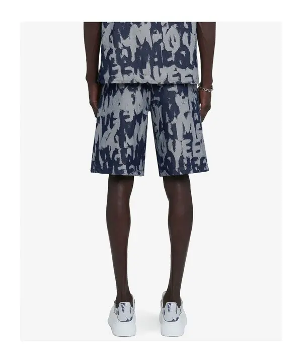 Alexander McQueen Graffiti Printed Bermuda Denim Shorts