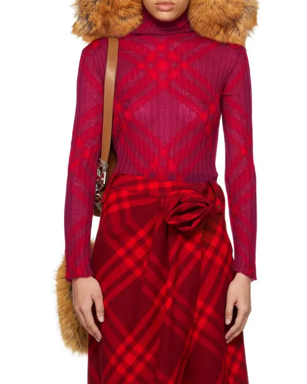 Burberry High-neck Ribbed-knit Jumper With Plaid Check - Red