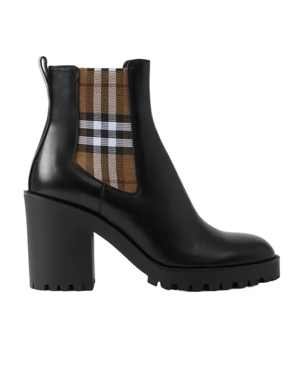 Burberry Checked Panel High Block Heel Boots - Black