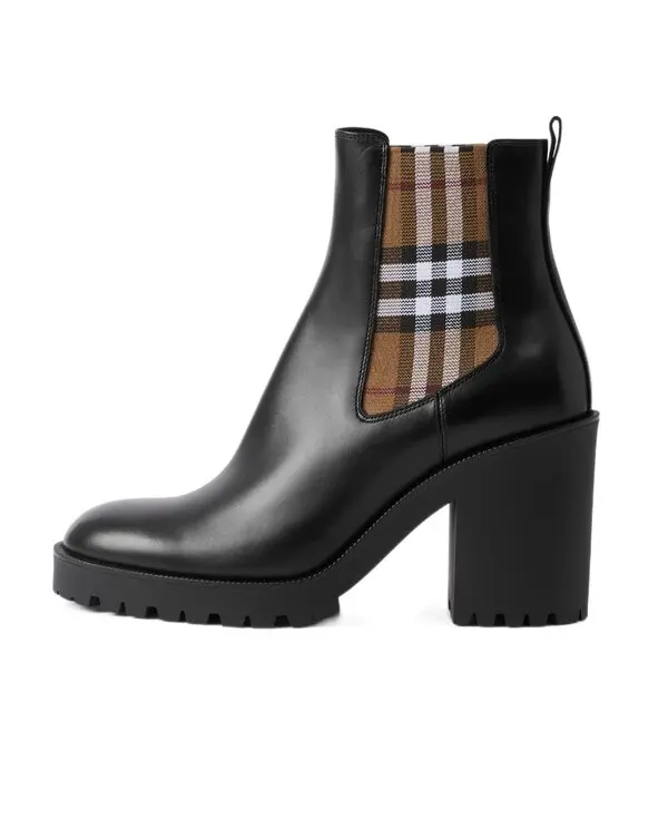 Burberry Checked Panel High Block Heel Boots - Black