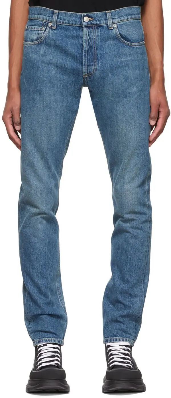 Alexander McQueen Low-rise Logo Embroidered Jeans - Blue