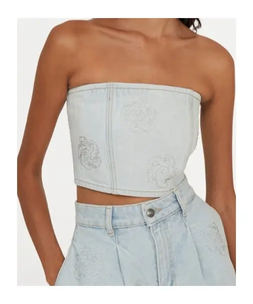 ROTATE BY BIRGER CHRISTENSEN Embellished Denim Cropped Top - Light Blue