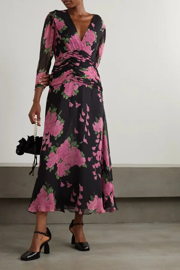 Rixo Floral-print Gathered Midi Dress
