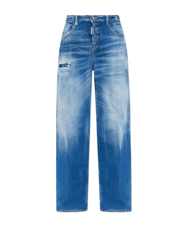Dsquared2 Logo Patch Ripped Wide Leg Jeans - Blue