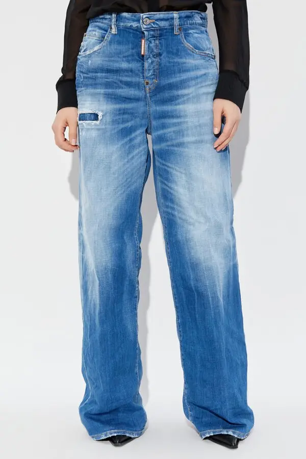 Dsquared2 Logo Patch Ripped Wide Leg Jeans - Blue