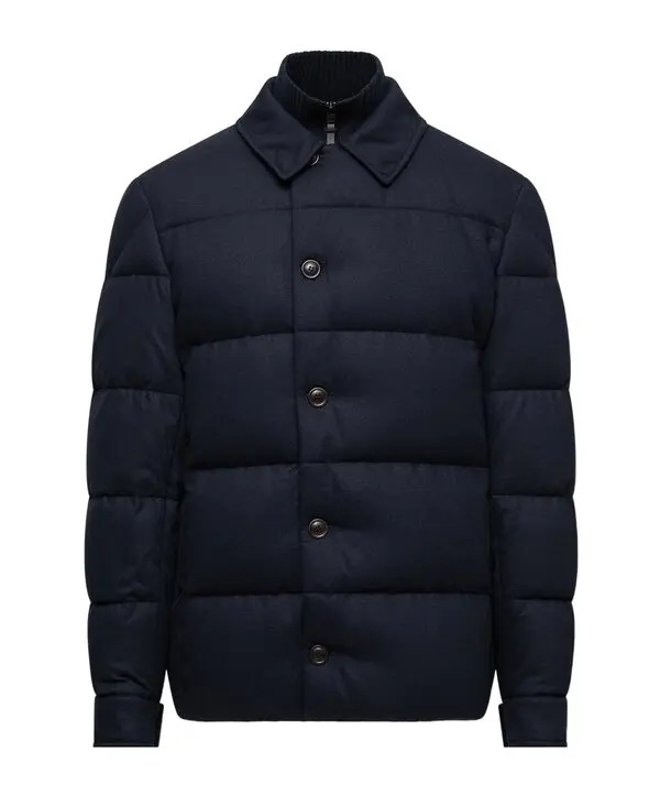 Moncler Cashmere Blend Down Shirt Jacket With Knit Collar - Navy Blue