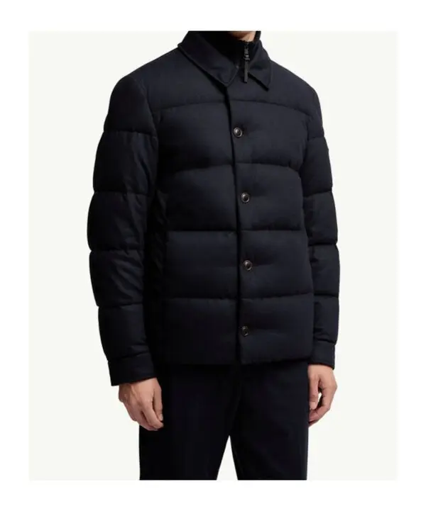 Moncler Cashmere Blend Down Shirt Jacket With Knit Collar - Navy Blue