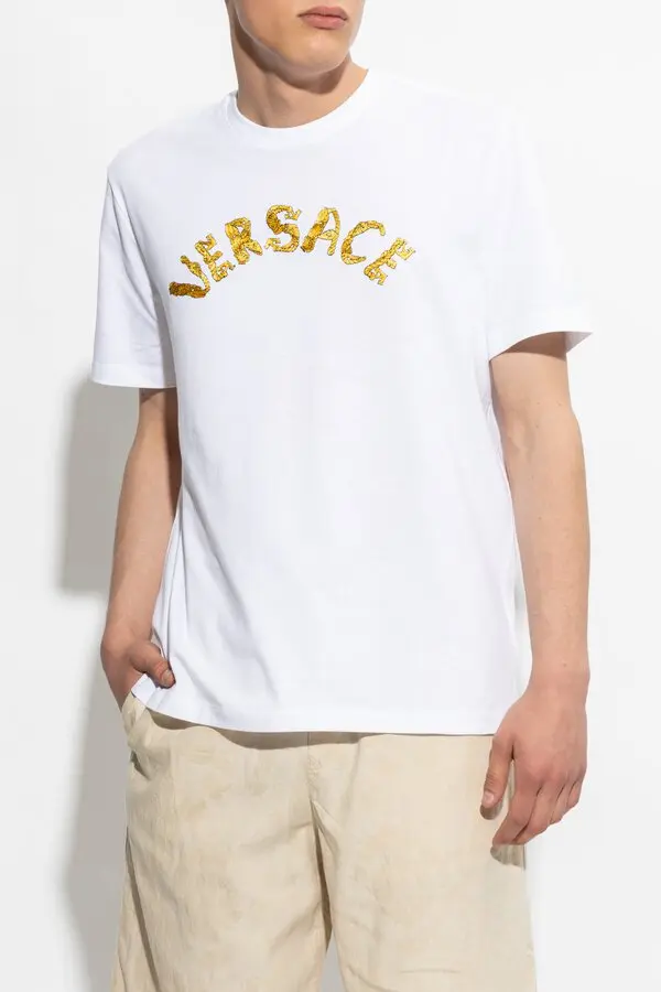 Versace Seashell Baroque Logo Embroidered Crewneck T-shirt - White