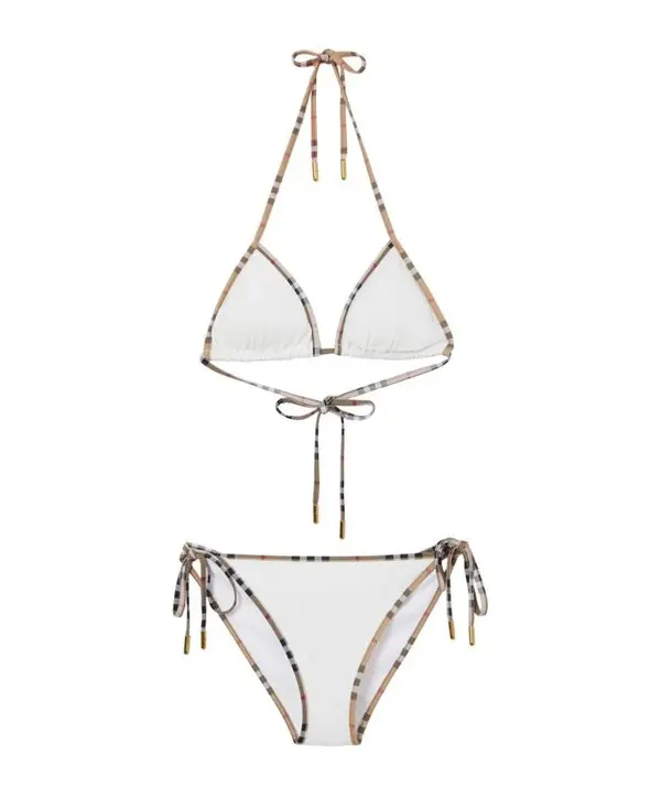 Burberry Halterneck Triangle Two-piece Bikini With Checked Trim - White