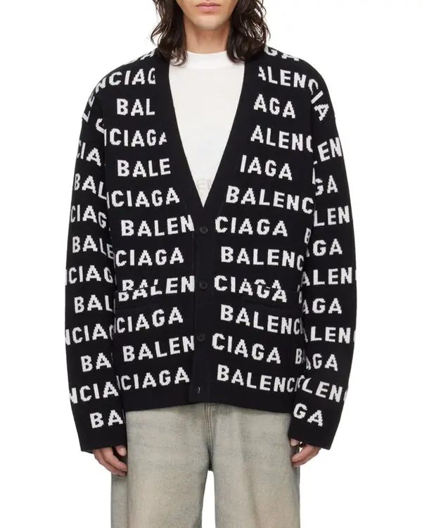 Balenciaga Logo Intarsia Knit V-neck Cardigan