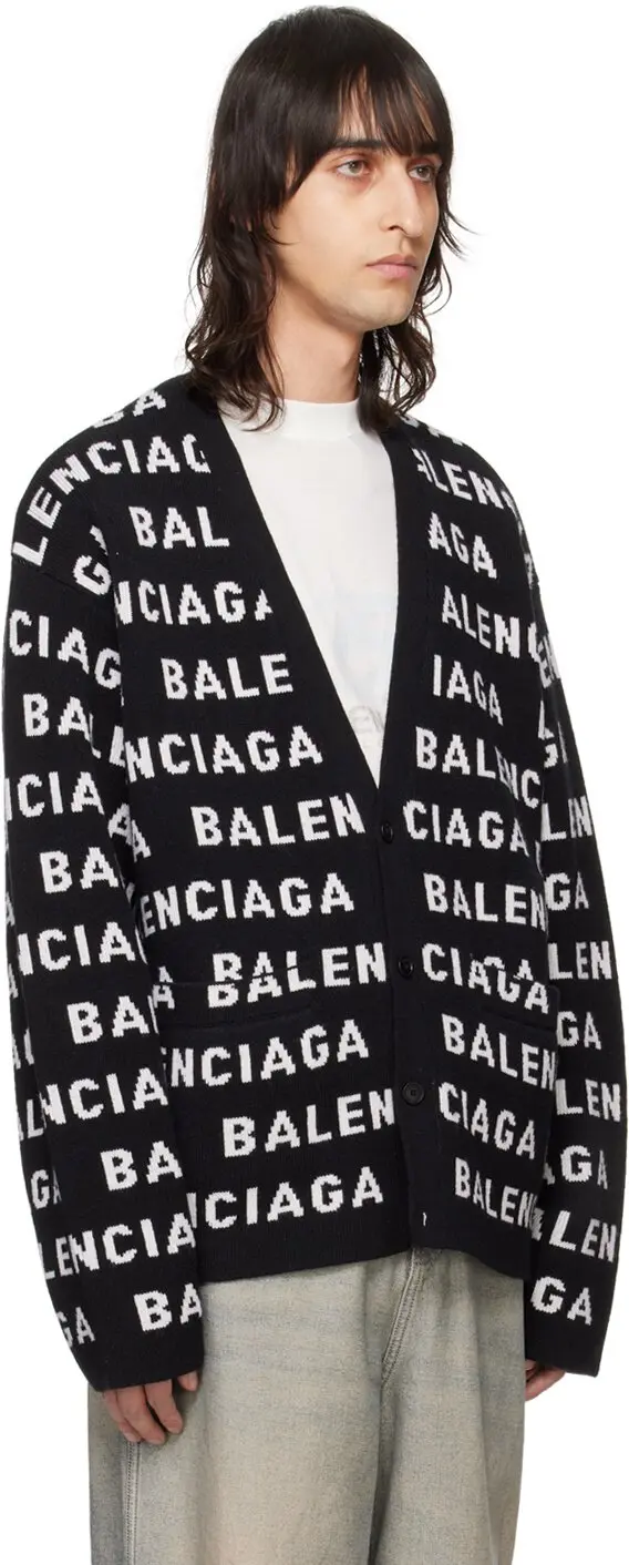 Balenciaga Logo Intarsia Knit V-neck Cardigan