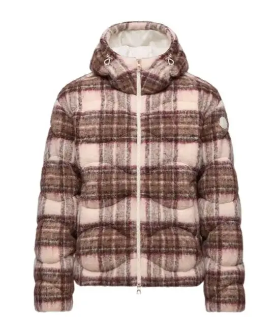Moncler Cervi Wool Blend Hooded Short Down Jacket With Plaid Print