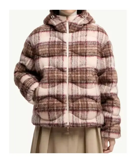 Moncler Cervi Wool Blend Hooded Short Down Jacket With Plaid Print