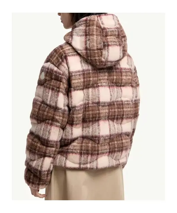 Moncler Cervi Wool Blend Hooded Short Down Jacket With Plaid Print