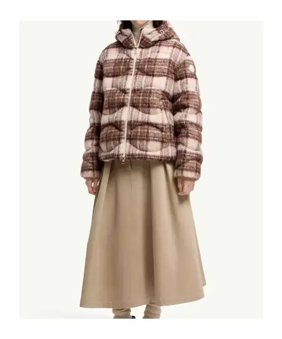 Moncler Cervi Wool Blend Hooded Short Down Jacket With Plaid Print