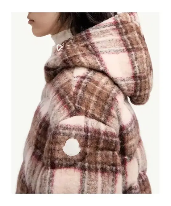 Moncler Cervi Wool Blend Hooded Short Down Jacket With Plaid Print