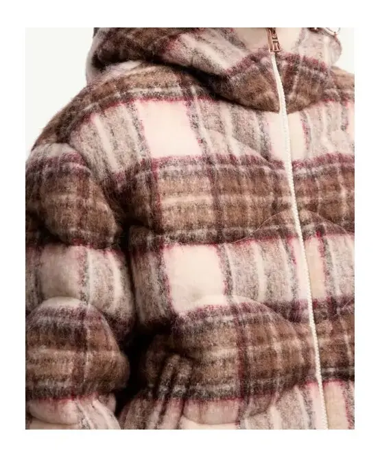 Moncler Cervi Wool Blend Hooded Short Down Jacket With Plaid Print