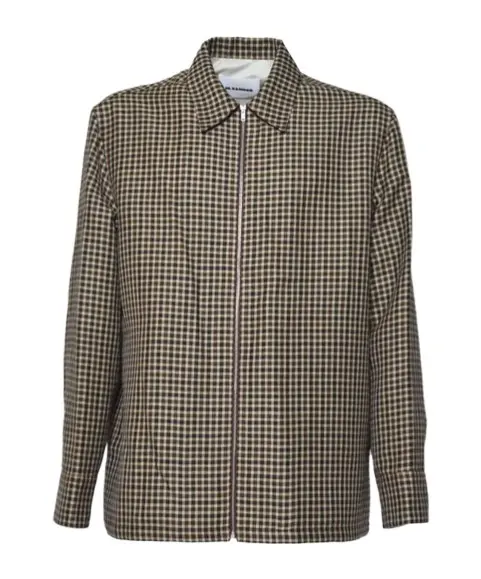 JIL SANDER Gingham-pattern Zip-up Shirt - Gray