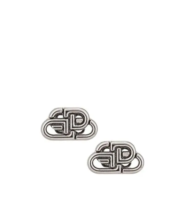Balenciaga Logo Engraved Monogram Stud Earrings - Silver
