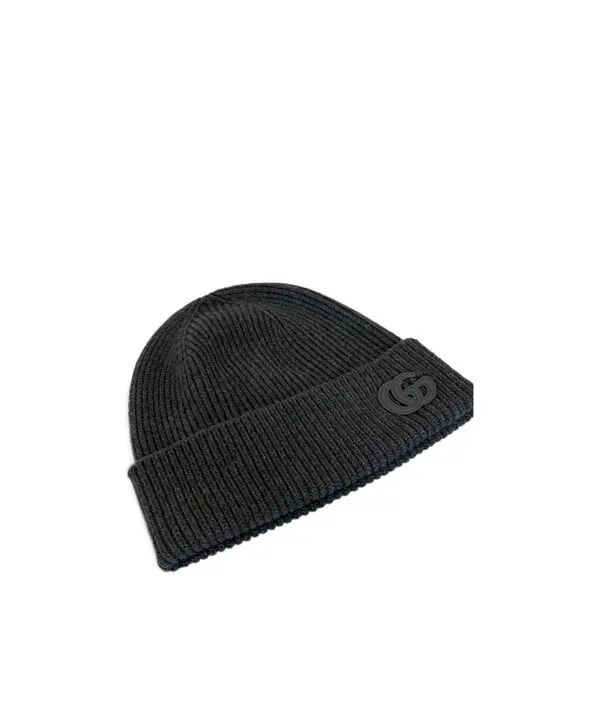 Gucci Logo Plaque Ribbed Beanie - Dark Gray