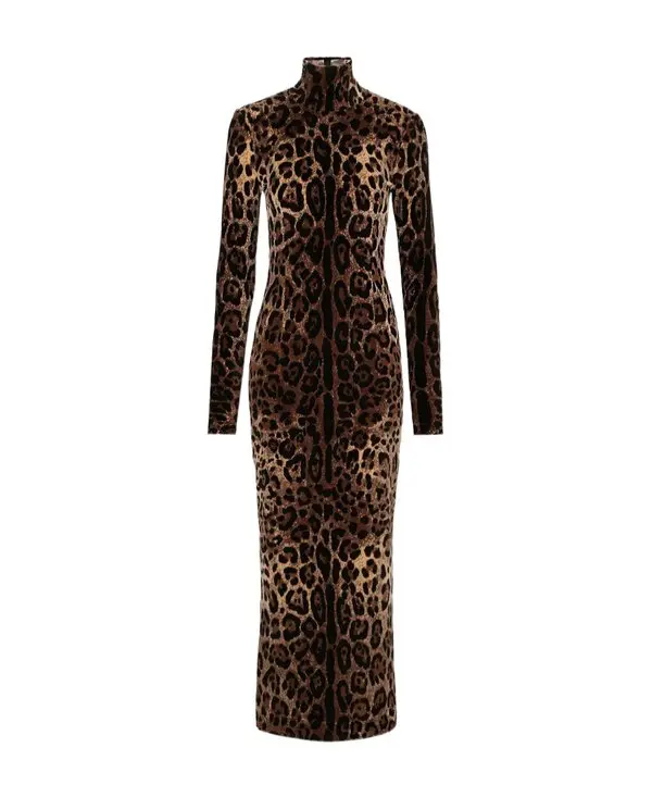 Dolce & Gabbana Leopard-printed High-neck Mid-length Dress
