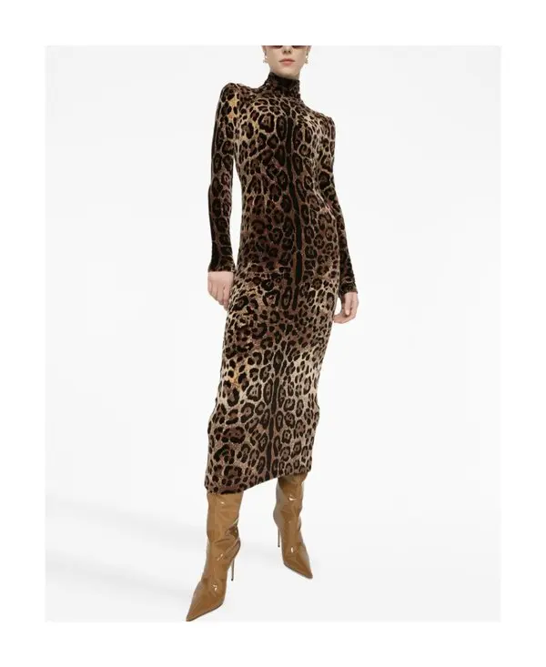 Dolce & Gabbana Leopard-printed High-neck Mid-length Dress