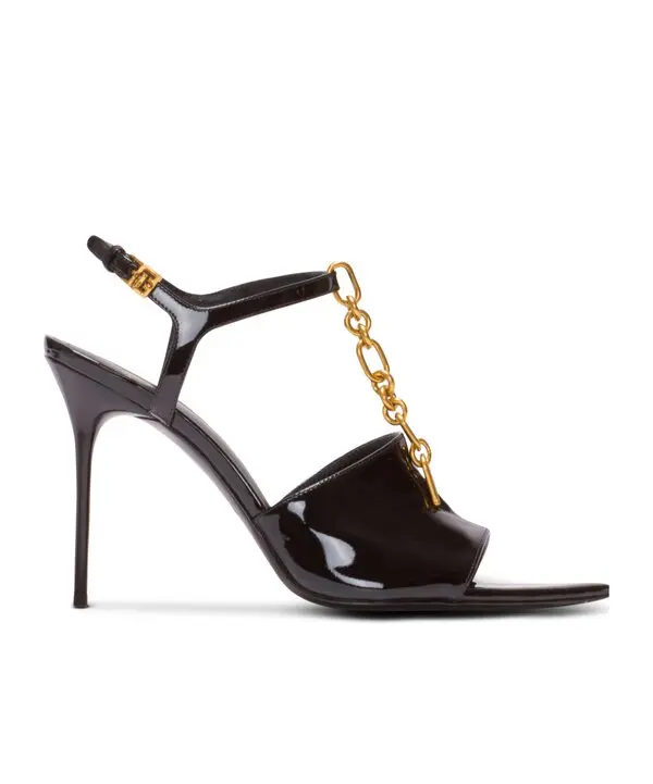 Balmain Patent Calfskin Sync Sandals With Chain Detail - Black