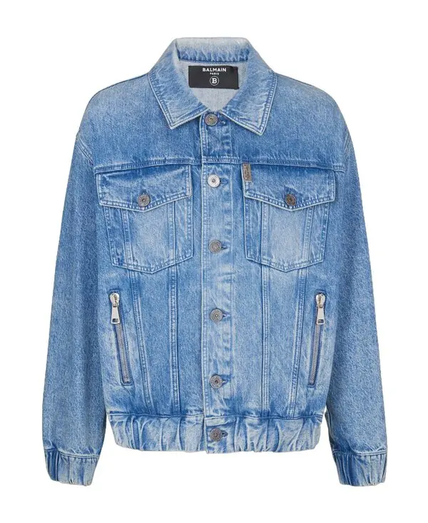 Balmain Denim Jacket With Classic Collar And Silver Metal Zippers