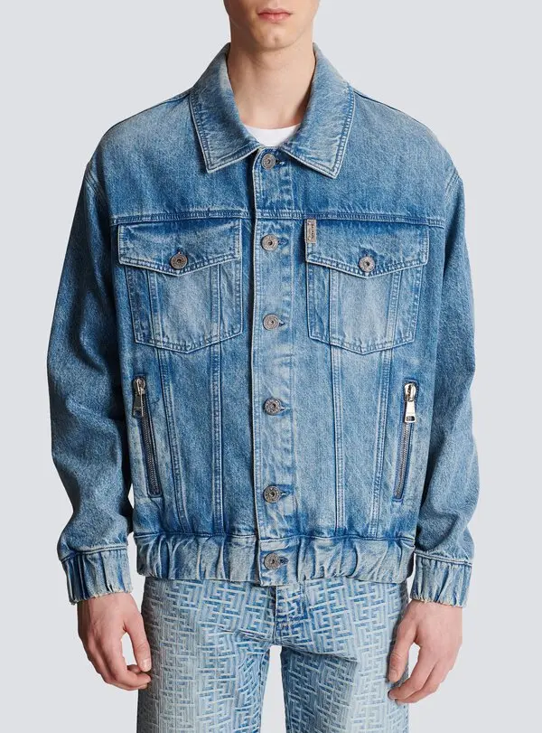 Balmain Denim Jacket With Classic Collar And Silver Metal Zippers