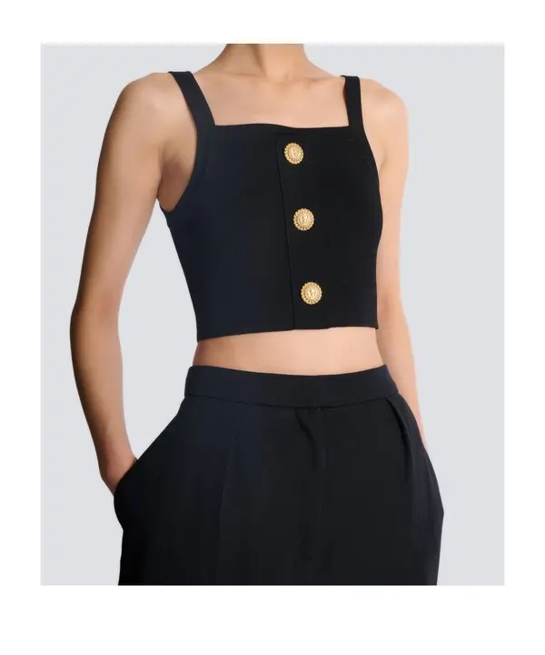 Balmain Knit Bralette Top With Engraved Zipper - Black