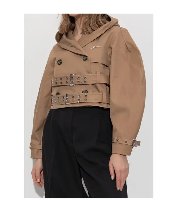 GANNI Double-breasted Trench Jacket With Buckle Detail - Brown