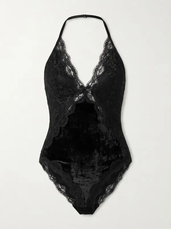 Gucci Halter Neck Lace And Velvet Bodysuit - Black