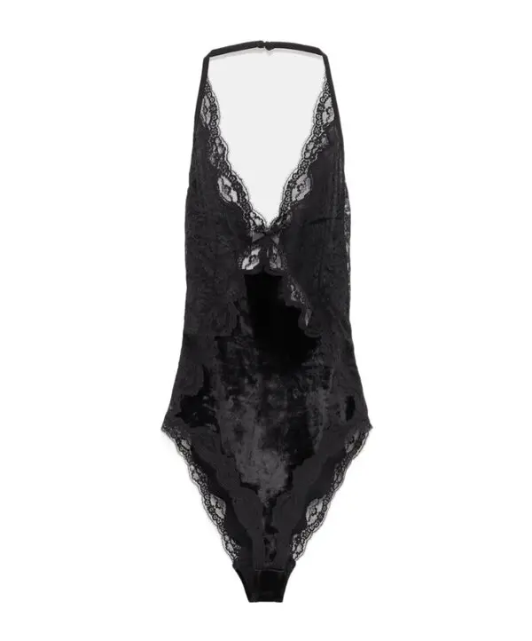 Gucci Halter Neck Lace And Velvet Bodysuit - Black