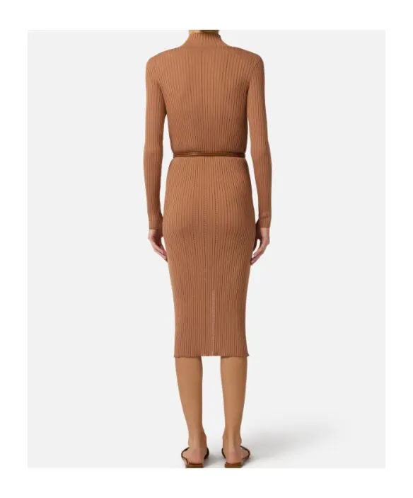 Elisabetta Franchi Ribbed Knit Button-up Midi Dress With Openwork Detail - Leather Color