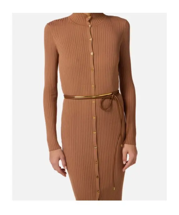 Elisabetta Franchi Ribbed Knit Button-up Midi Dress With Openwork Detail - Leather Color