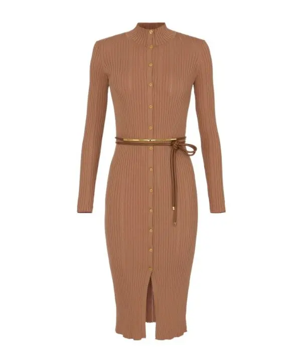 Elisabetta Franchi Ribbed Knit Button-up Midi Dress With Openwork Detail - Leather