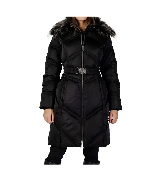 Guess Long Down Jacket With Faux Fur Trim And Belted Waist - Black