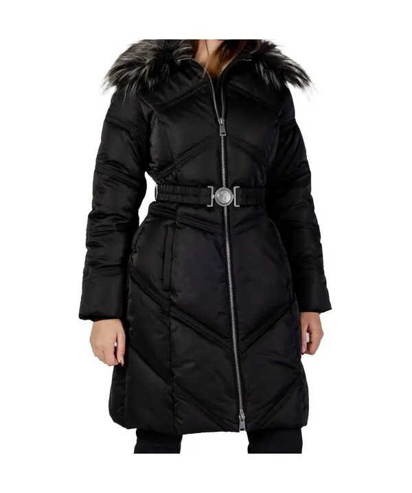 Guess Long Down Jacket With Faux Fur Trim And Belted Waist - Black