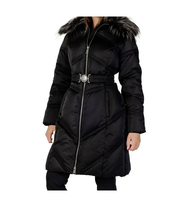 Guess Long Down Jacket With Faux Fur Trim And Belted Waist - Black