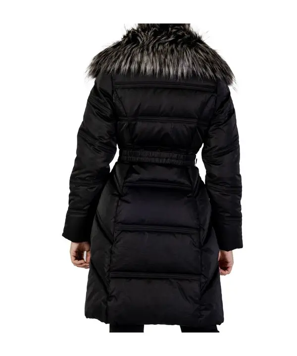 Guess Long Down Jacket With Faux Fur Trim And Belted Waist - Black