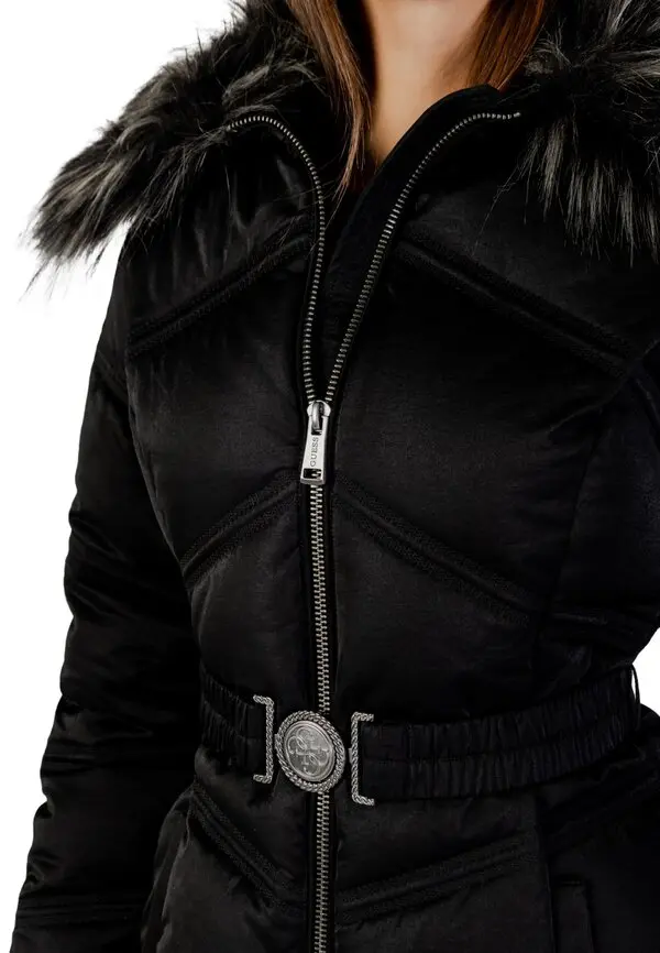 Guess Long Down Jacket With Faux Fur Trim And Belted Waist - Black