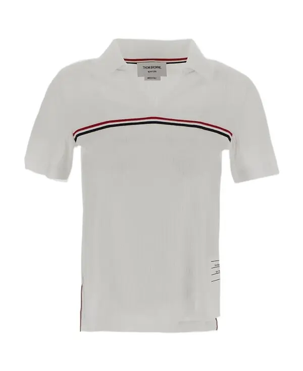 Thom Browne Ribbed Polo Shirt With Tricolor Ribbon Detail - White