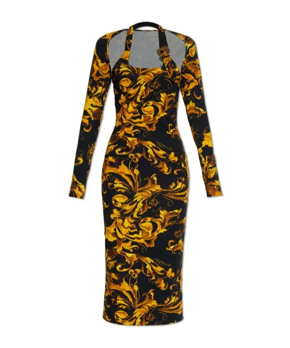 Versace Barocco Print Long Sleeve Midi Dress