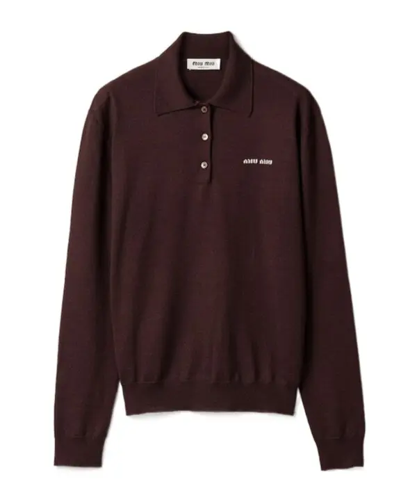 Miu Miu Logo Embroidered Knitted Polo Shirt - Coffee
