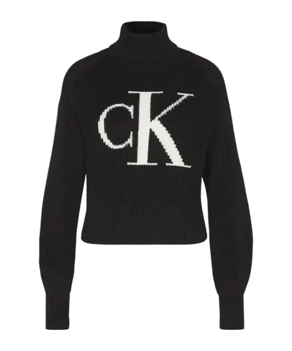 Calvin Klein Turtleneck Knitted Pullover With Contrasting Logo - Black