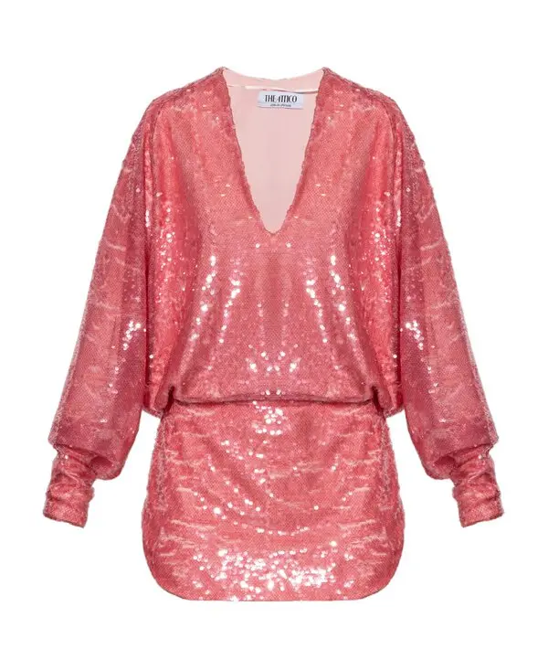 Attico Gael Sequin-embellished V-neck Mini Dress - Red