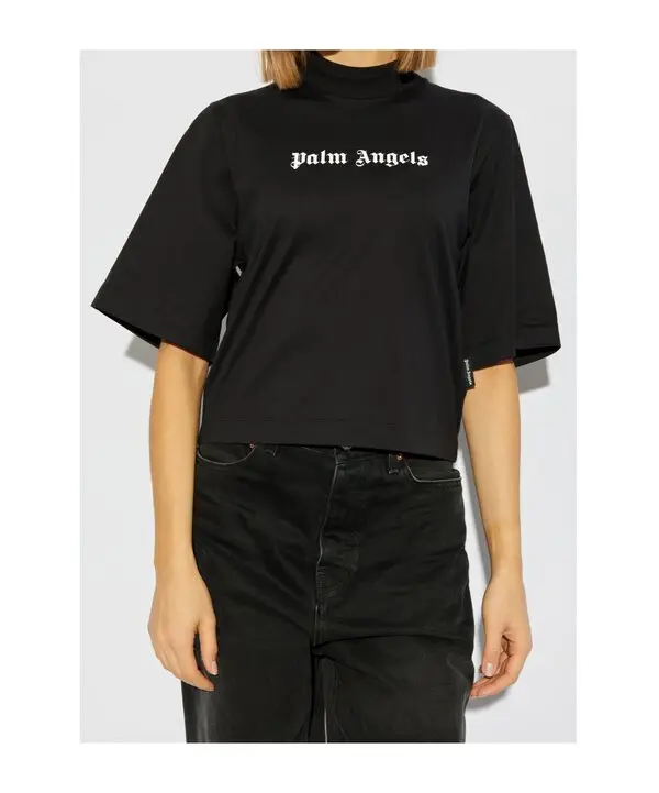 Palm Angels Logo Printed Mock Neck T-shirt - Black